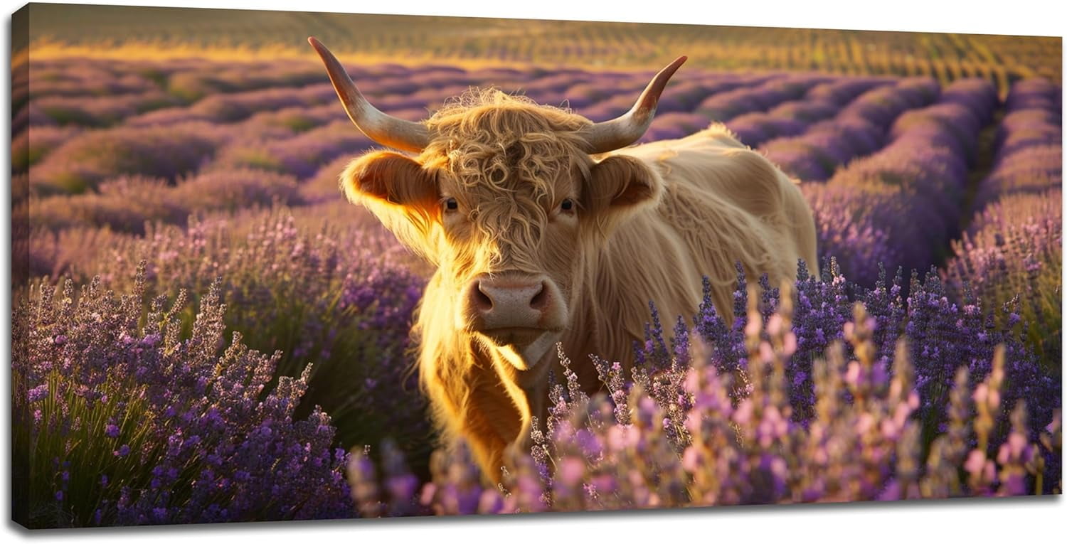 AEFER Highland Cow Wall Art Lavender Cow Pictures Wall Decor Country ...