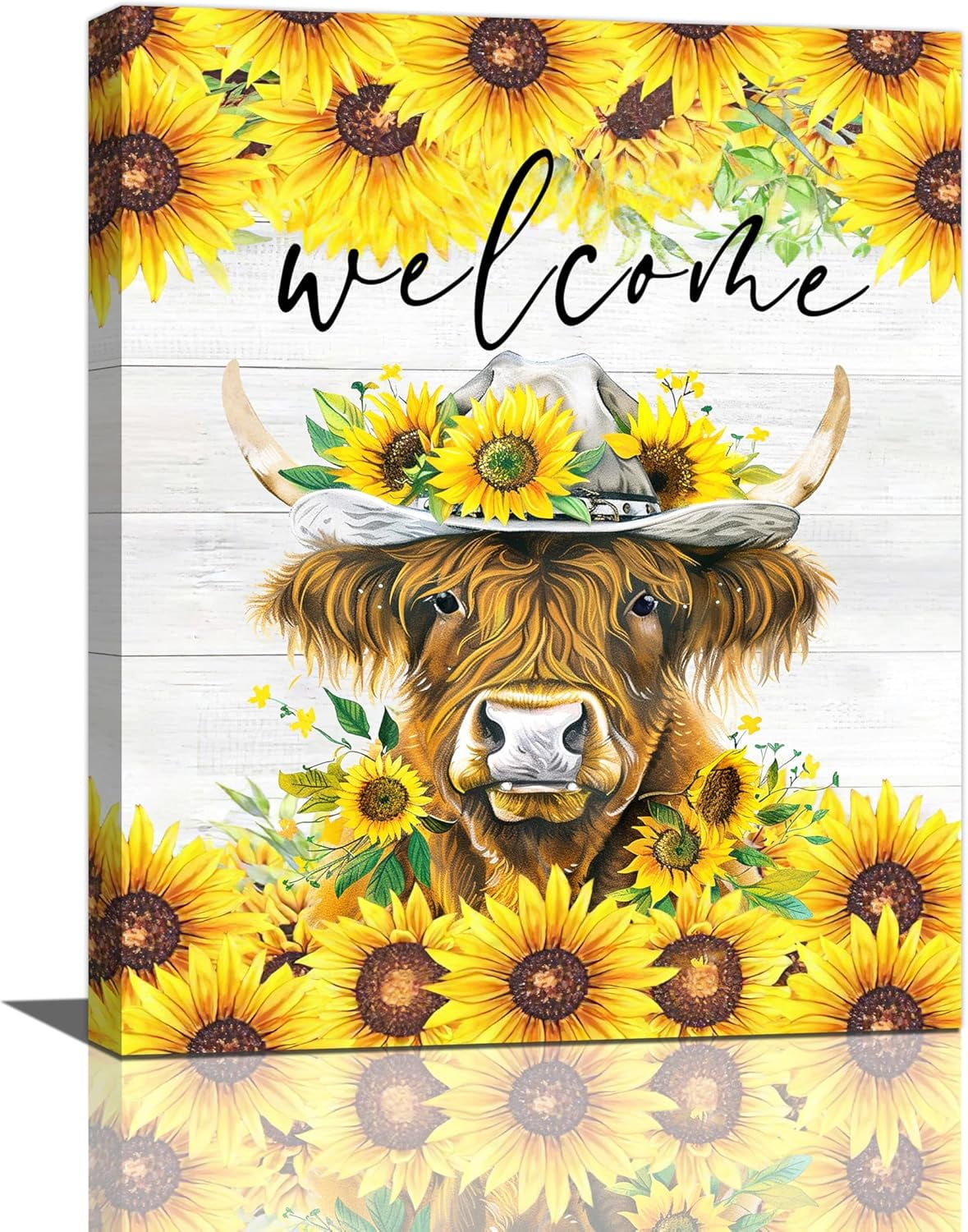 AEFER Highland Cow Wall Art Sunflower Welcome Cow Pictures Wall Decor ...