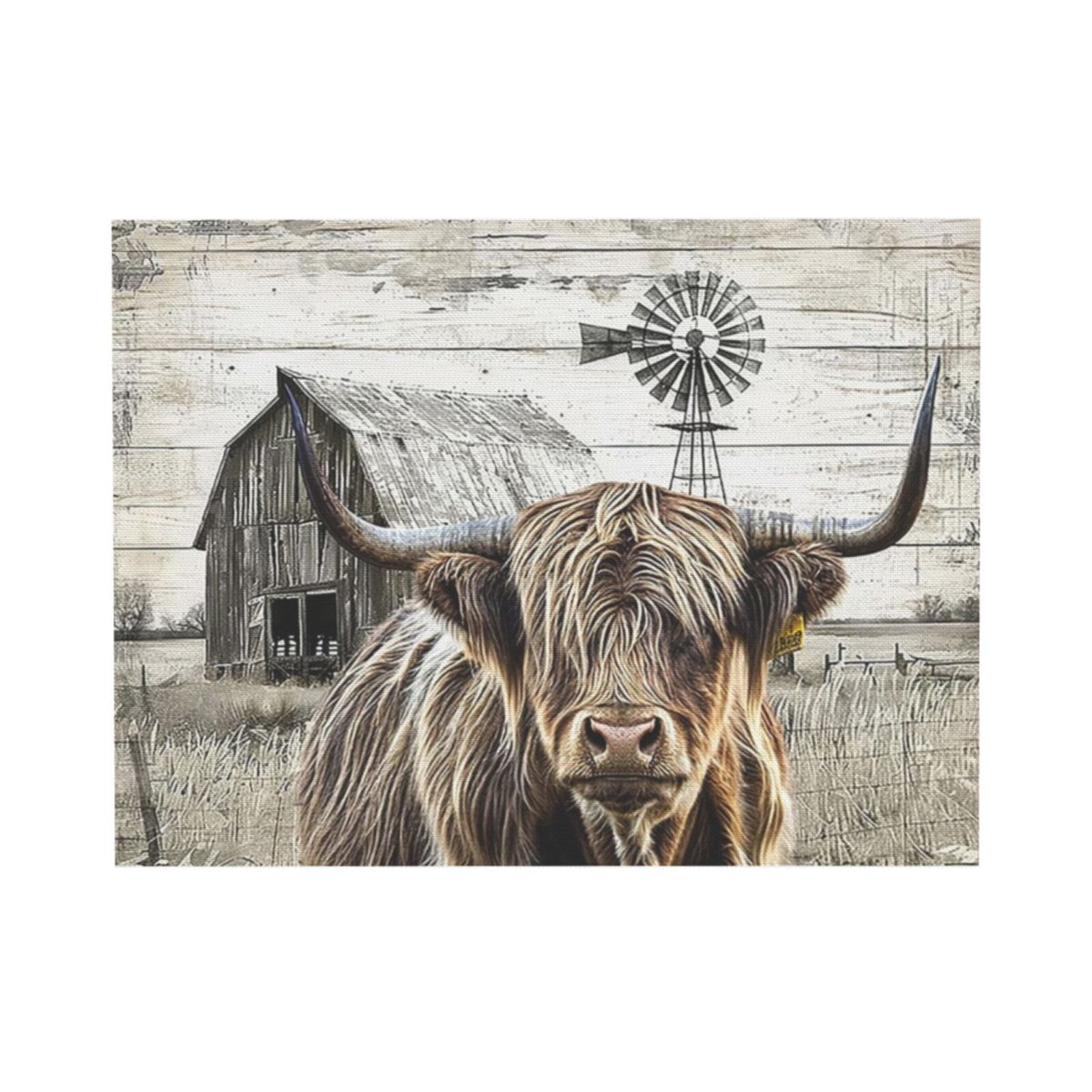 AEFER Highland Cow Wood Old Barn Conuntryside Vintage Landscape Wall ...