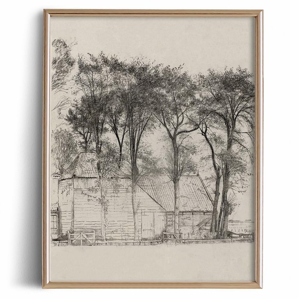 AEFER House and Trees Forest Print Poster - Farmhouse Drawing Etching ...