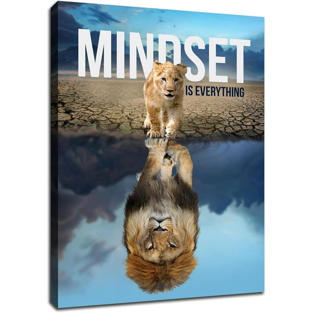 AEFER Inspirational Canvas Wall Art Small Cat And Big Lions Mindset is Everything Painting Cute ...