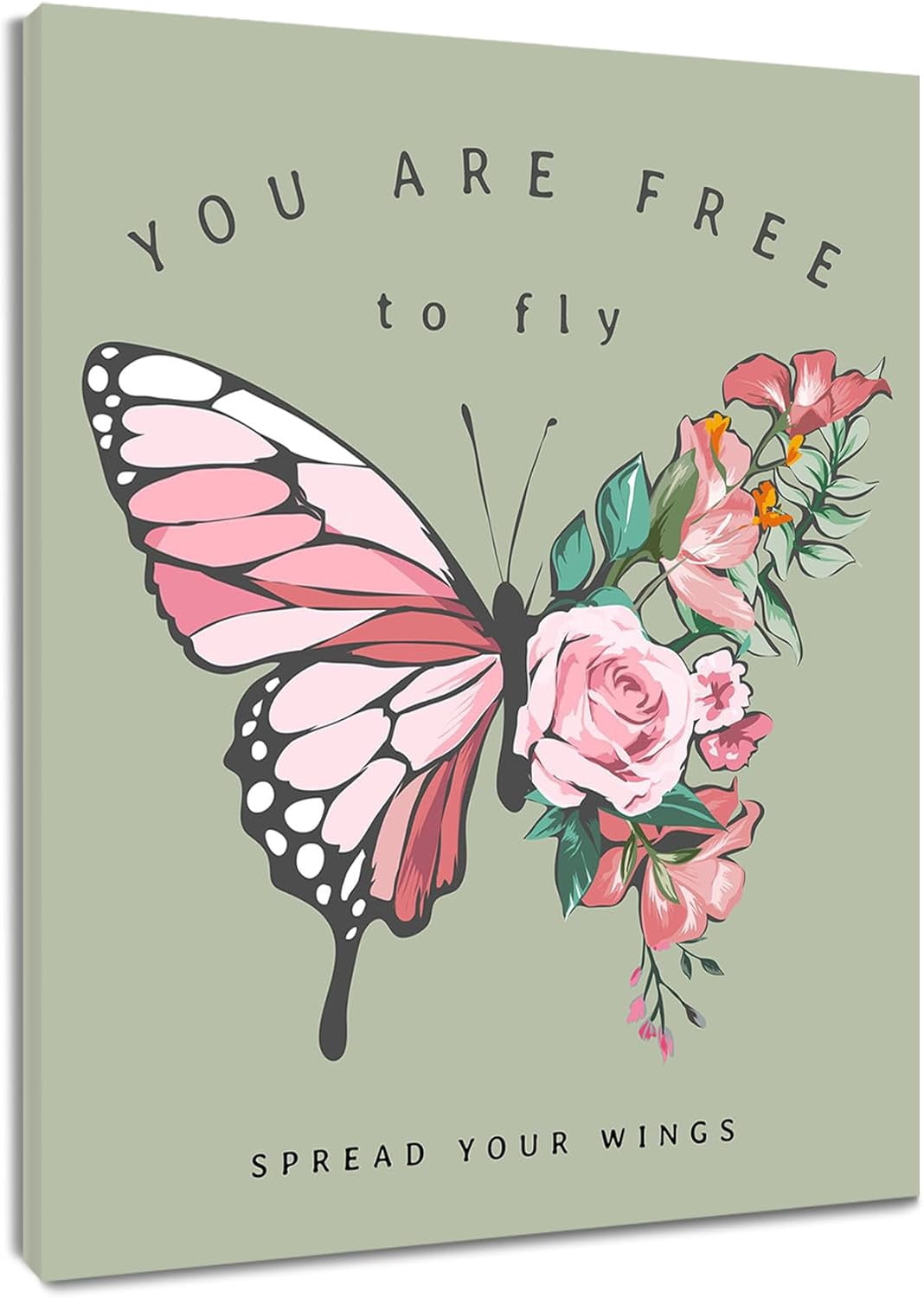 AEFER Inspirational Quotes Wall Art Pink Butterfly with Floral Leaf on ...