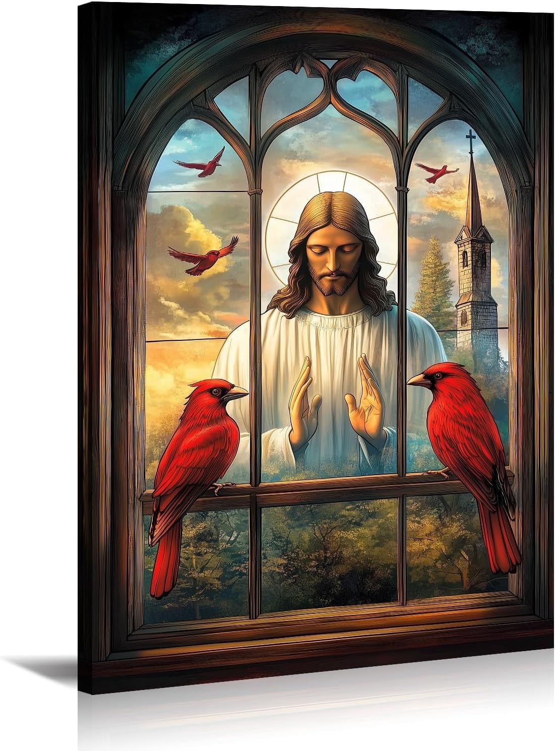 AEFER Jesus Canvas Art Christian Wall Decor Jesus With Red Birds ...