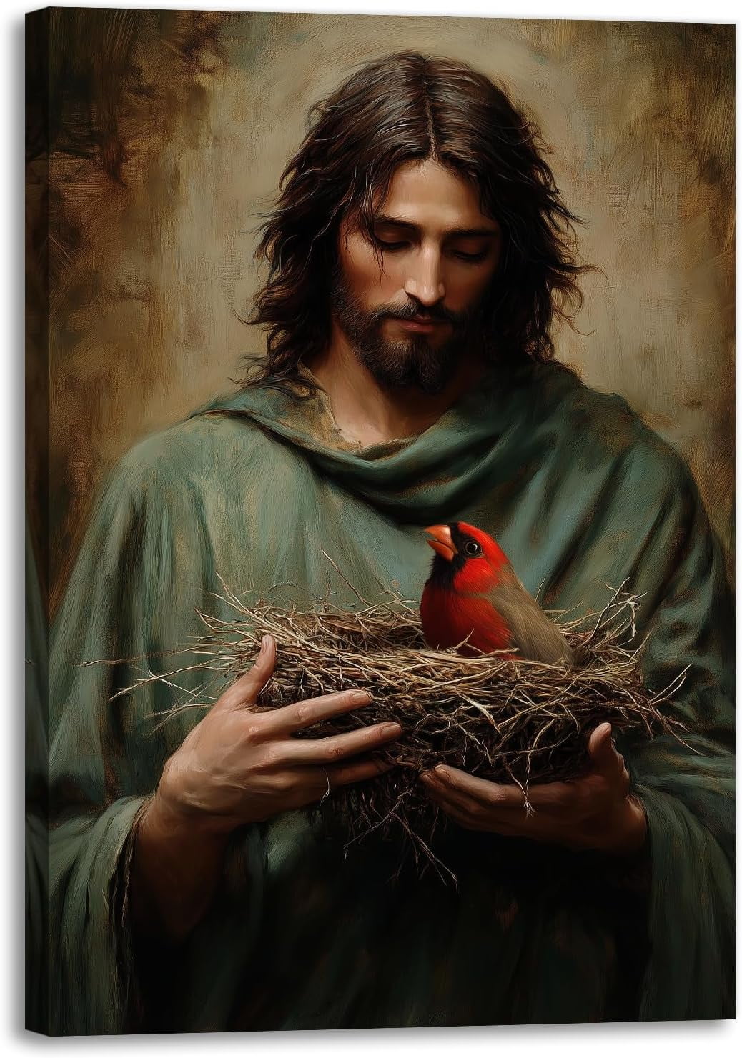 AEFER Jesus Canvas Wall Art Christian Wall Decor Jesus With Red Birds ...