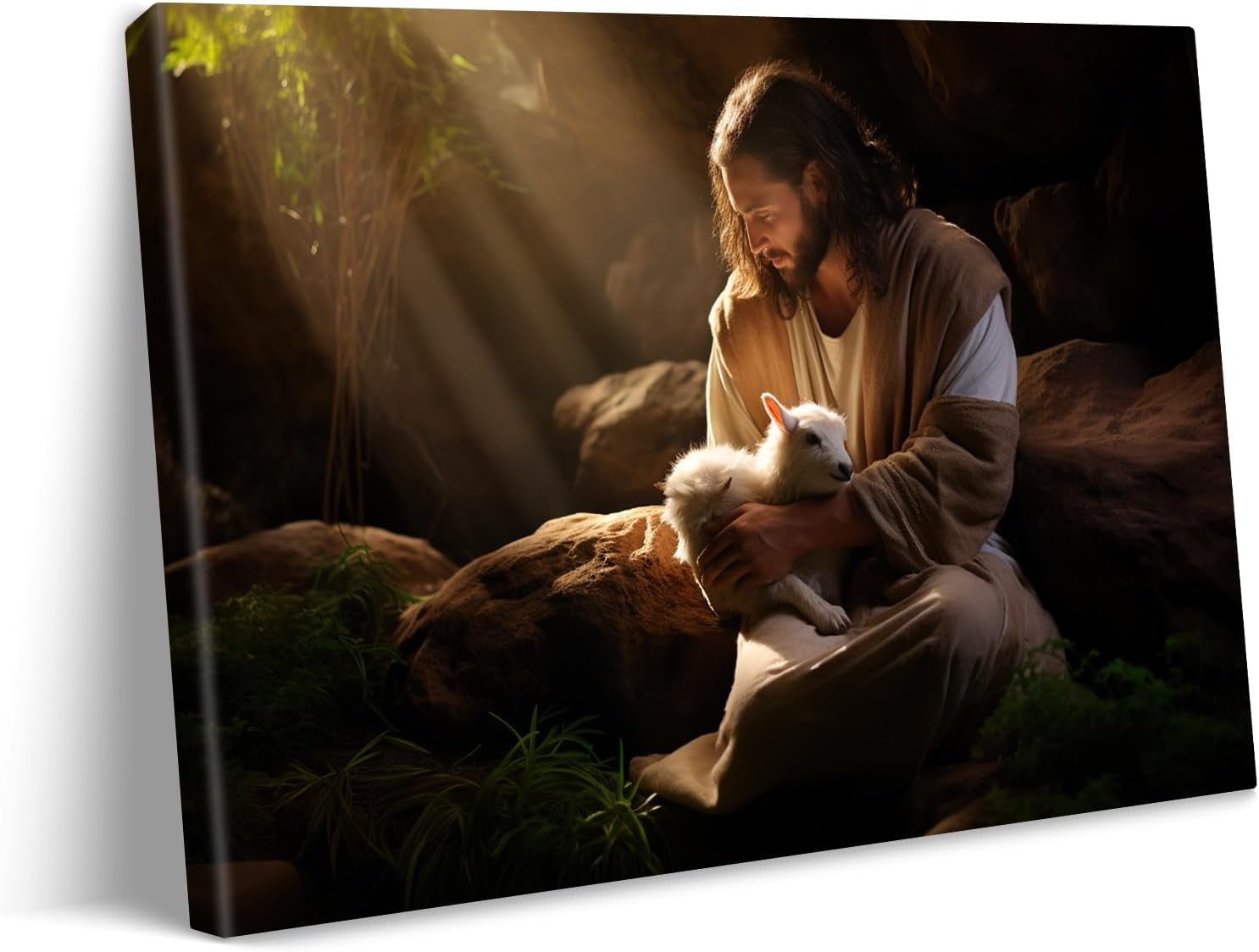 AEFER Jesus Canvas Wall Art Rescue Lost Lamb Artwork Print Divine ...