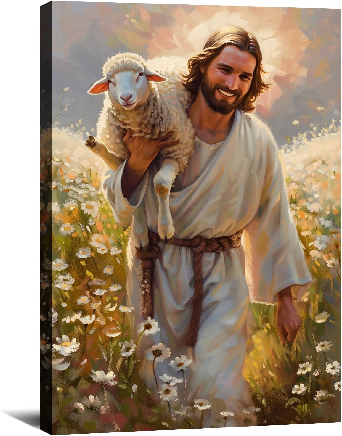 AEFER Jesus Carrying Lamb Canvas Wall Art Daisy Field Landscape ...