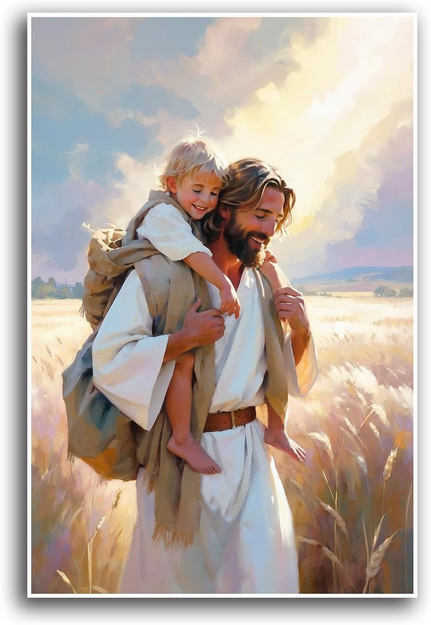 AEFER Jesus Carrying Little Boy Canvas Painting Christian Faith Oil ...
