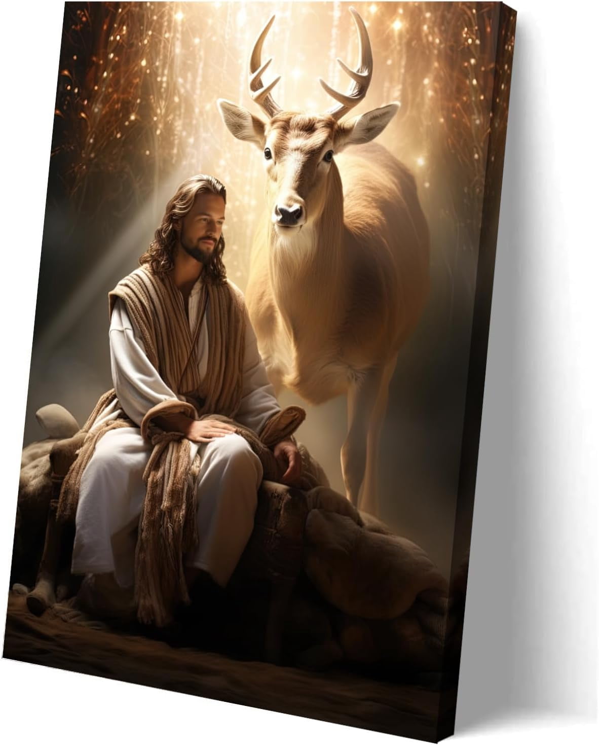 AEFER Jesus and Elk Canvas Wall Art Christian With Deer Painting Print ...