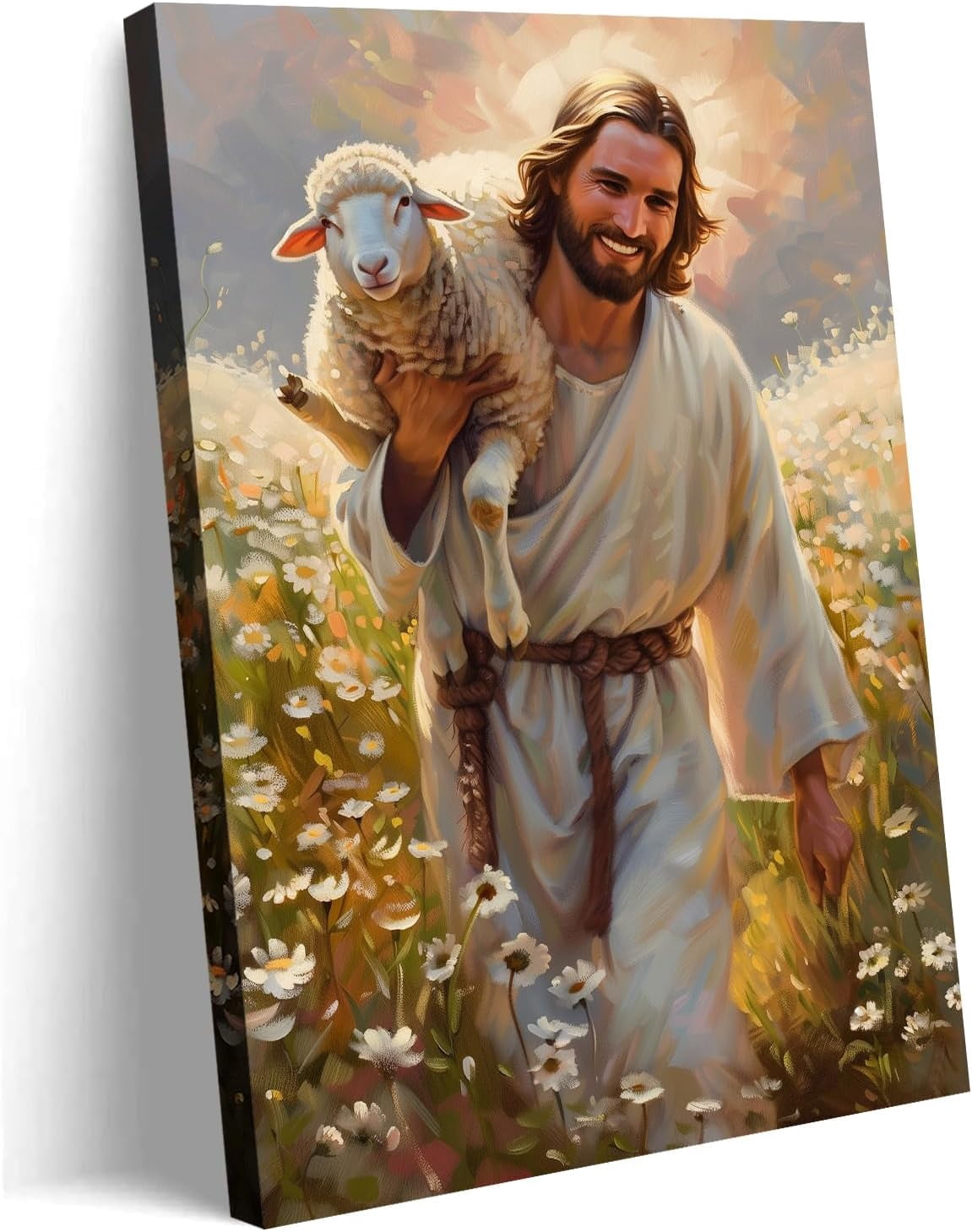 AEFER Jesus and Lamb Canvas Wall Art Daisy Field Landscape Painting ...