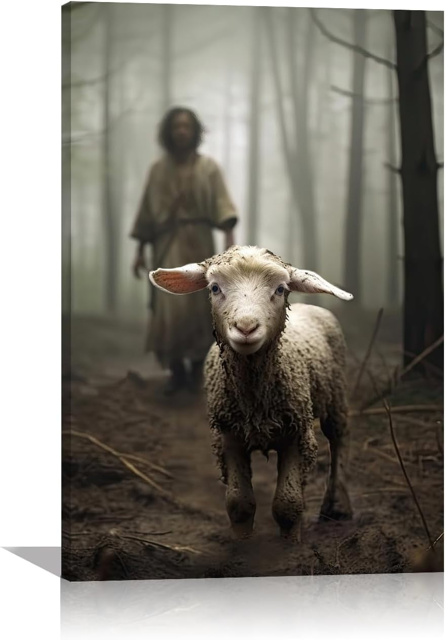 AEFER Jesus and Lamb Canvas Wall Art, Jesus Walking behind the Lamb ...