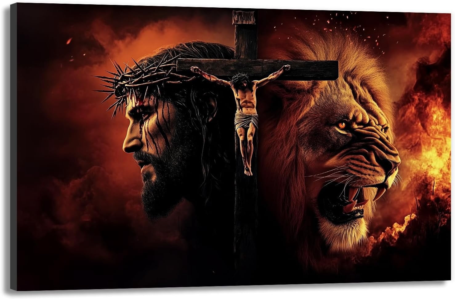 AEFER Jesus And Lion Religious Wall Art Cross Christian Portrait Canvas ...