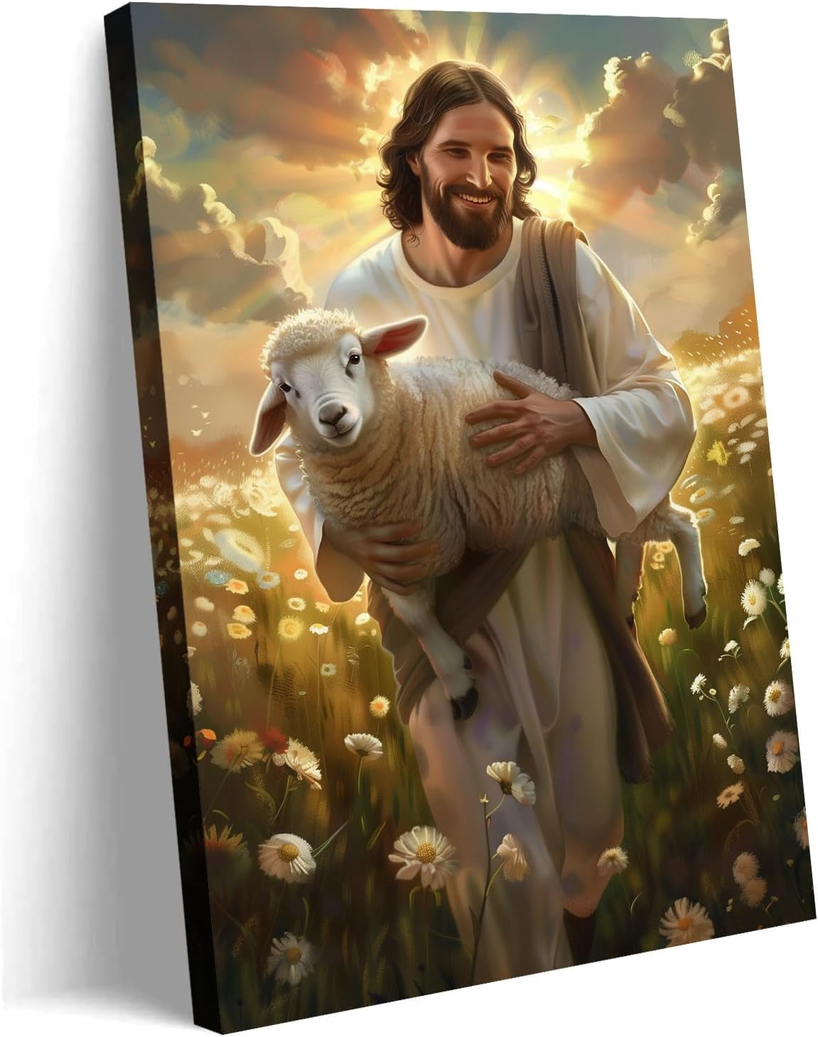 AEFER Jesus Picture Wall Decor Cute Lamb Canvas Wall Art Daisy Field ...