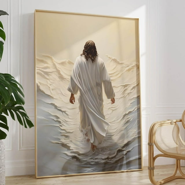AEFER Jesus Walking on Beach Canvas Jesus Walking on Water Wall Art Cream Abstract Painting ...