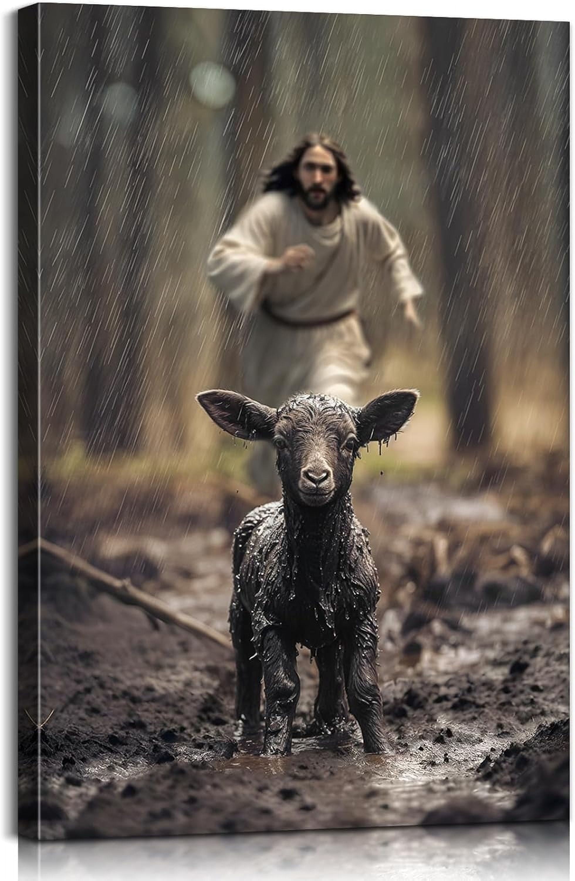 AEFER Jesus Wall Art Christian Wall Art Jesus Running After Lost Lamb ...