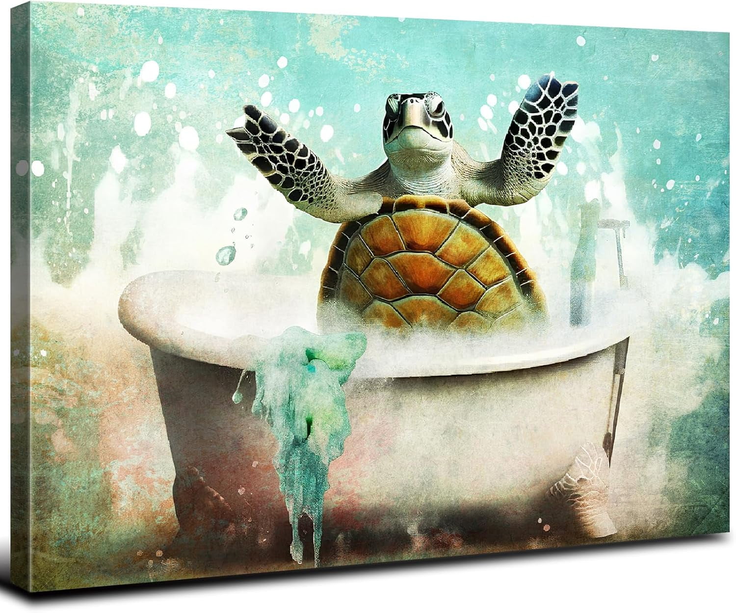 AEFER Kids Bathroom Sea Turtle Wall Decor Funny Teal Turtle in Bathtub ...