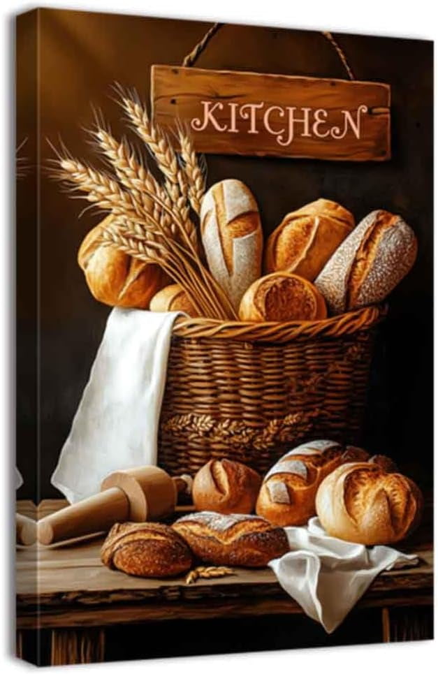 AEFER Kitchen Canvas Wall Art Vintage Delicious Bread Canvas Painting ...