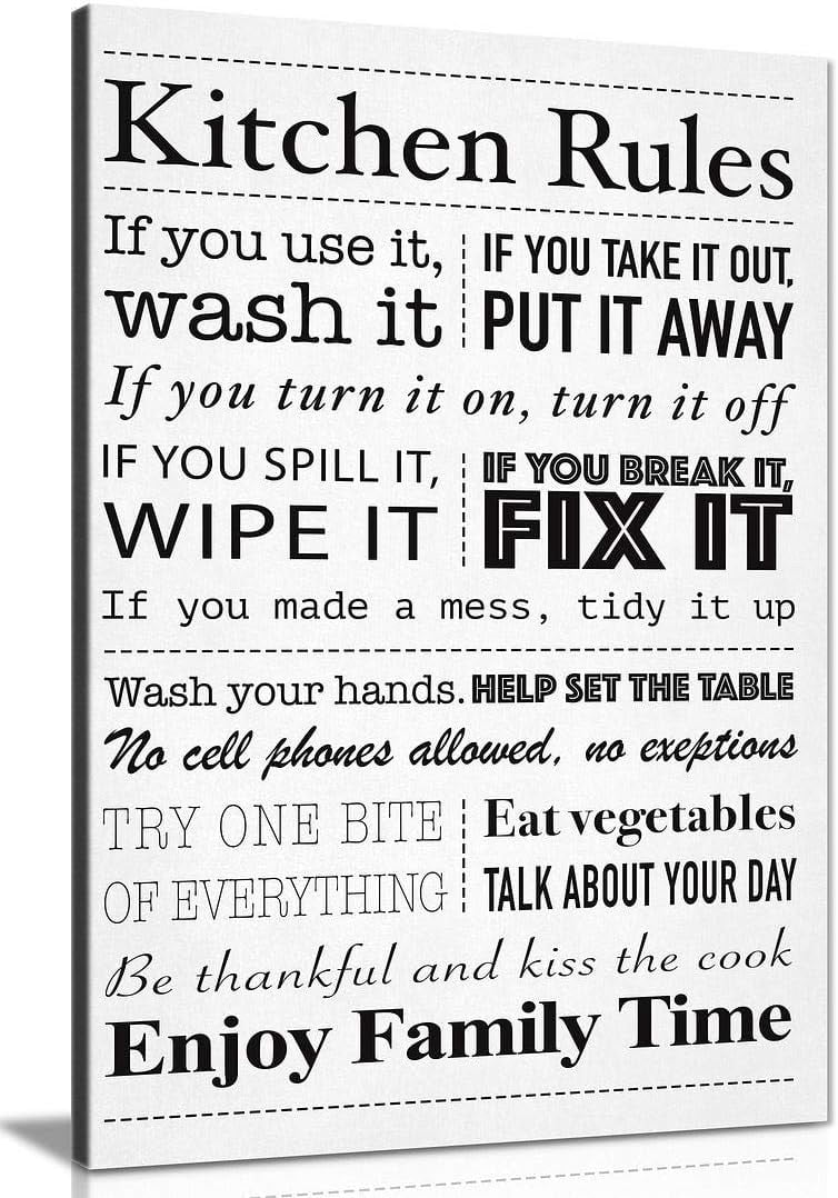 AEFER Kitchen Rules White Framed Picture Canvas Wall Art for Kitchen ...