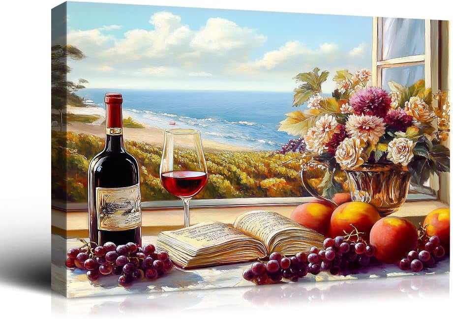 AEFER Kitchen Still Life Canvas Wall Art, Fruit Grapes Wine Bottles ...