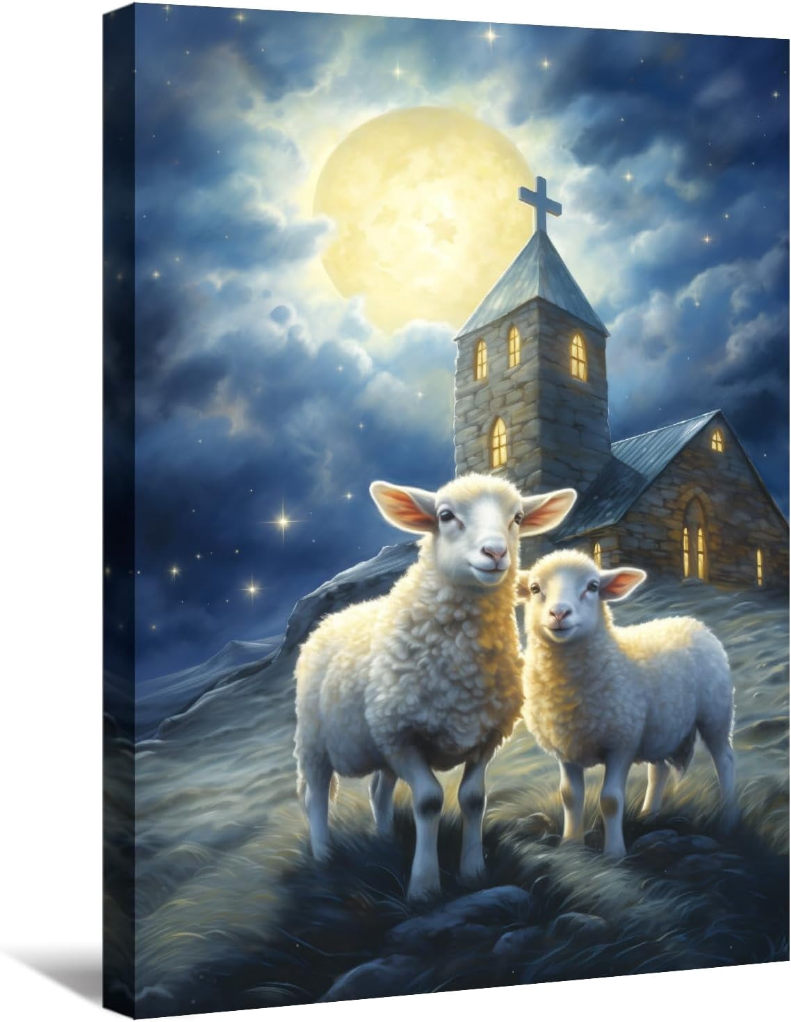 AEFER Lamb Wall Art Church Canvas Prints Wall Decor Night Scene Picture ...