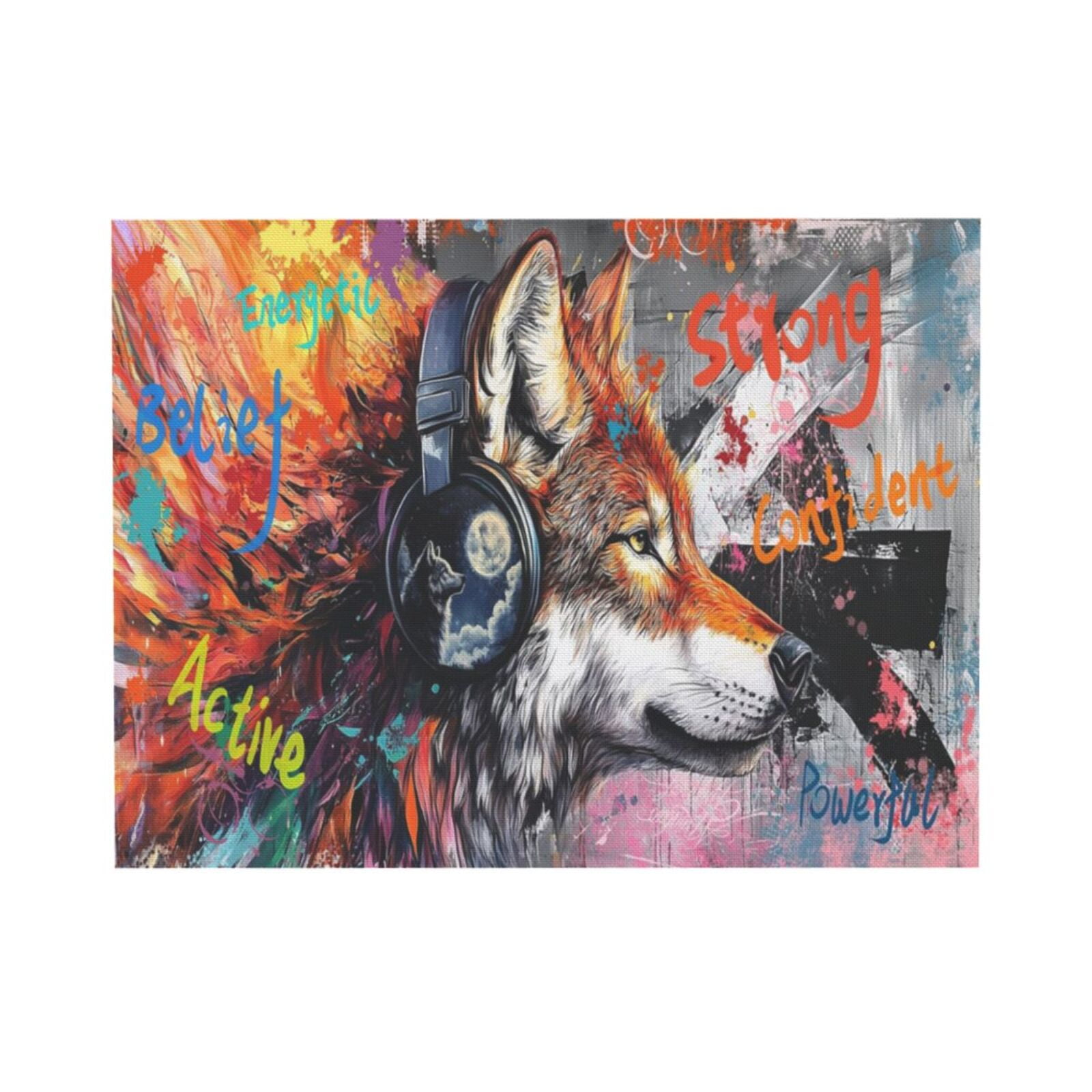AEFER Large Canvas Wall Art, Modern Street Art Wolf with Headphones ...