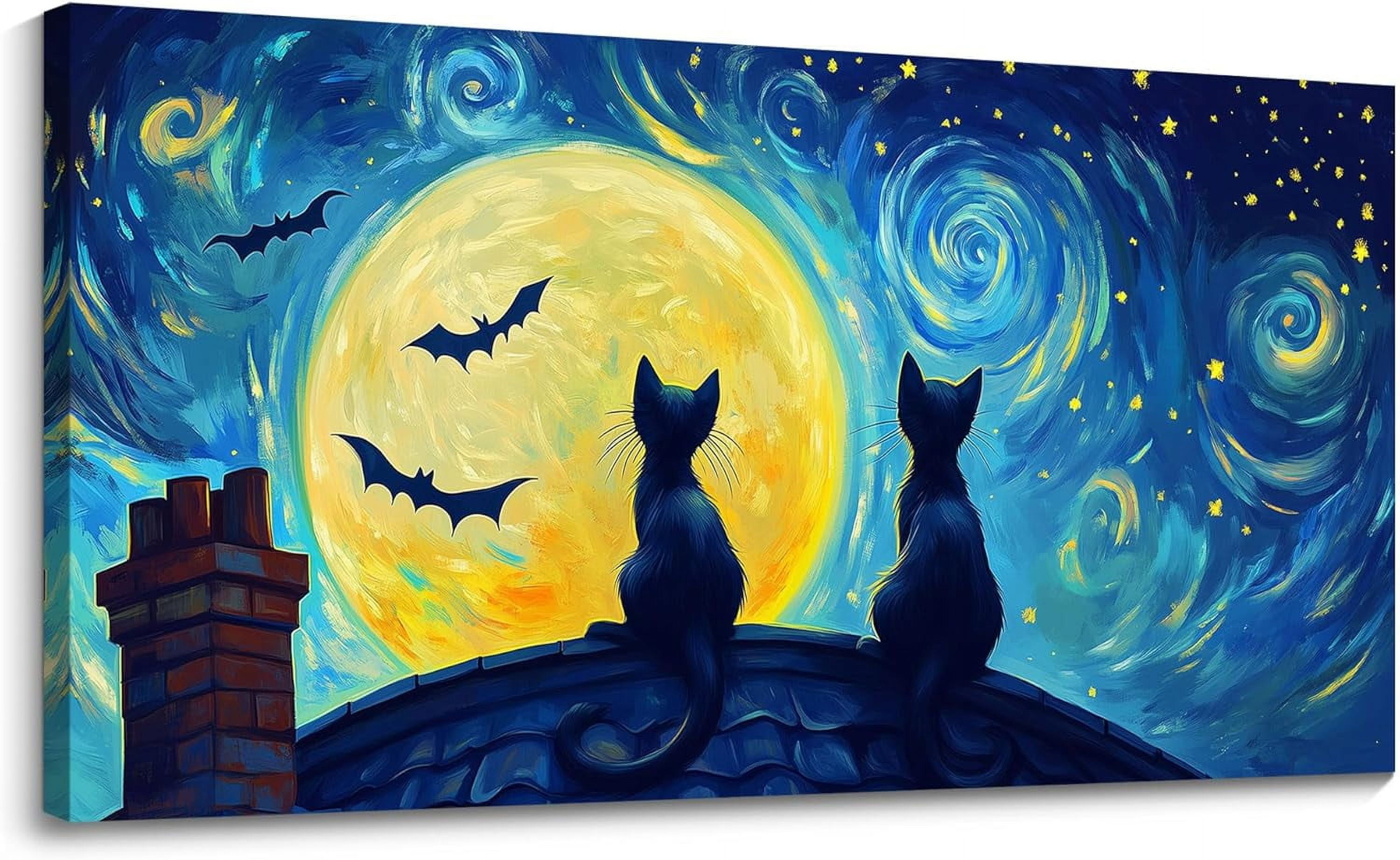 AEFER Large Canvas Wall Art - Van Gogh Starry Blue Themed Cat on the ...