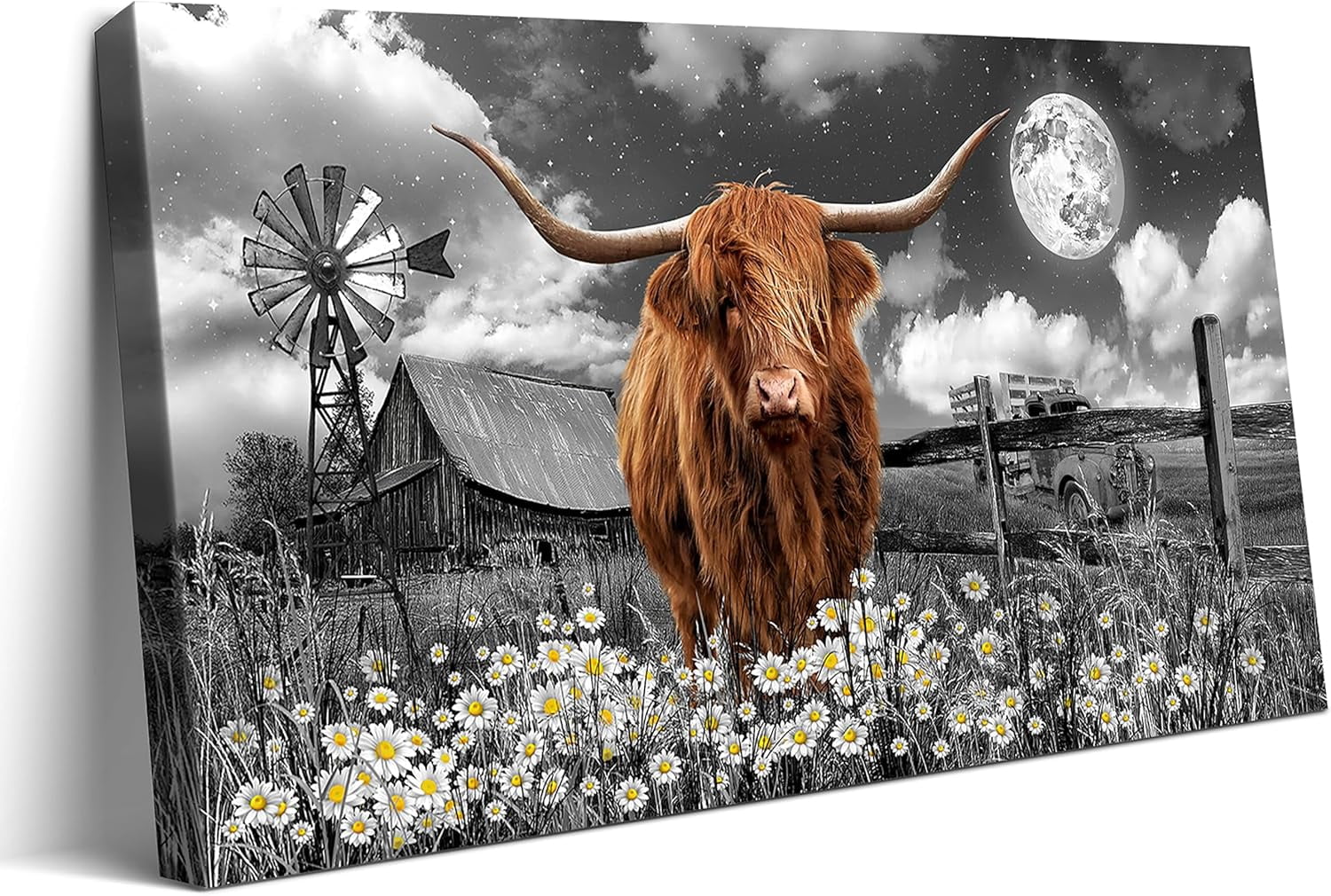 AEFER Large Highland Cow Canvas Wall Art Black and White Cow Barn ...