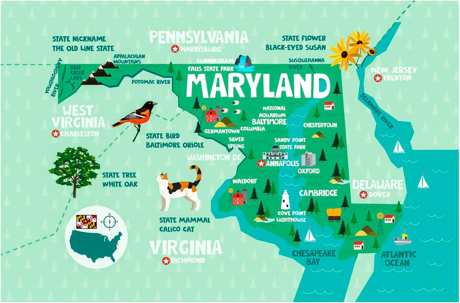 AEFER Learning Tapestry-Maryland State Map-Lightweight & Easy to Hang ...