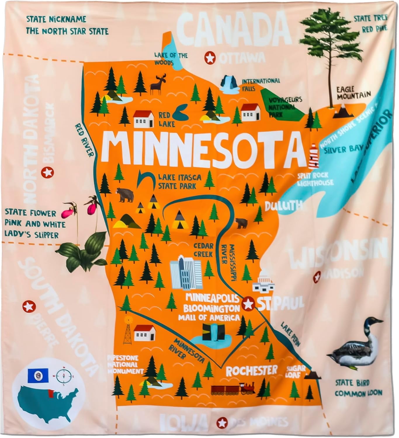 AEFER Learning Tapestry-Minnesota State Map-Lightweight & Easy to Hang ...