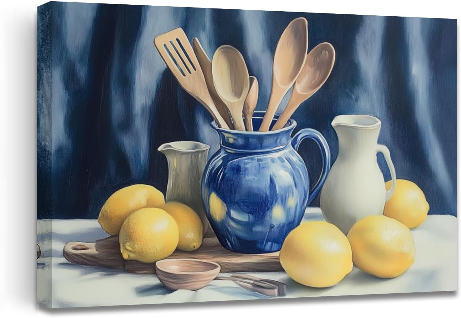 AEFER Lemon Wall Art Kitchen Pictures Yellow Lemon and Blue Pottery on ...