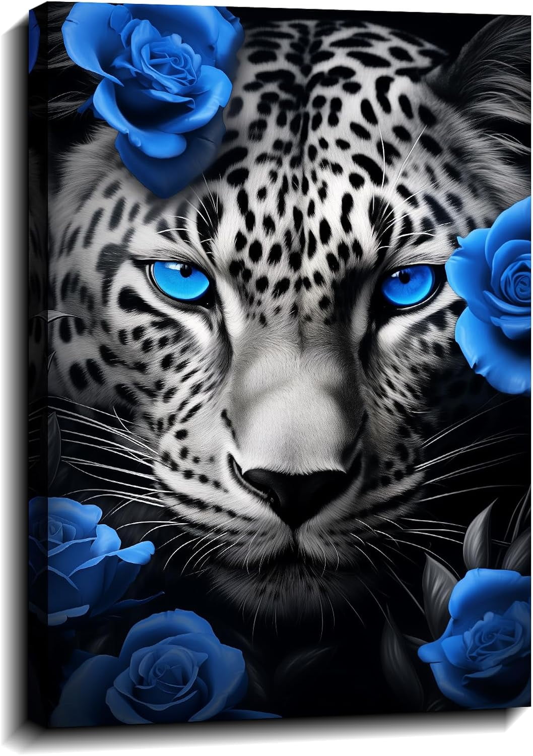 AEFER Leopard Canvas Wall Art Blue Rose with Leopard Picture Wild ...