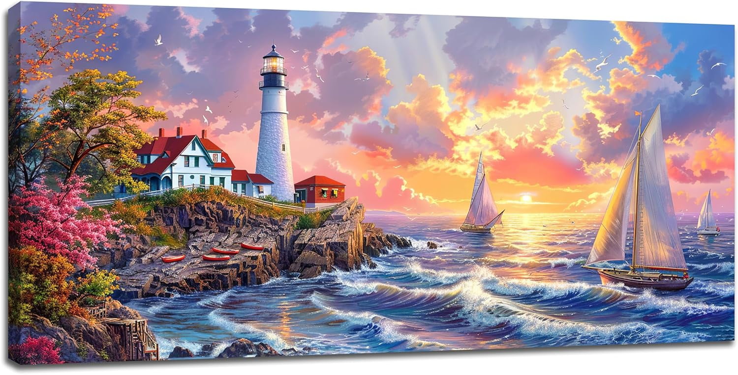 AEFER Lighthouse Wall Art Sailboat Nautical Pictures Wall Decor Coastal ...