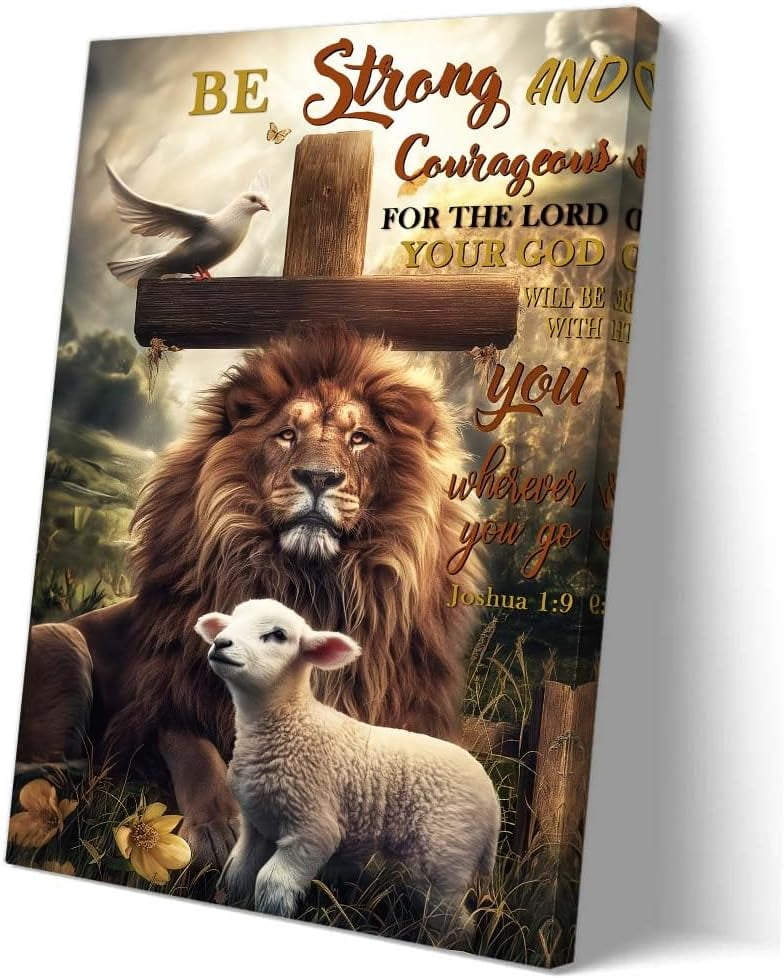 AEFER Lion And Lamb Pictures Wall Decor Be Strong And Courageous Joshua ...