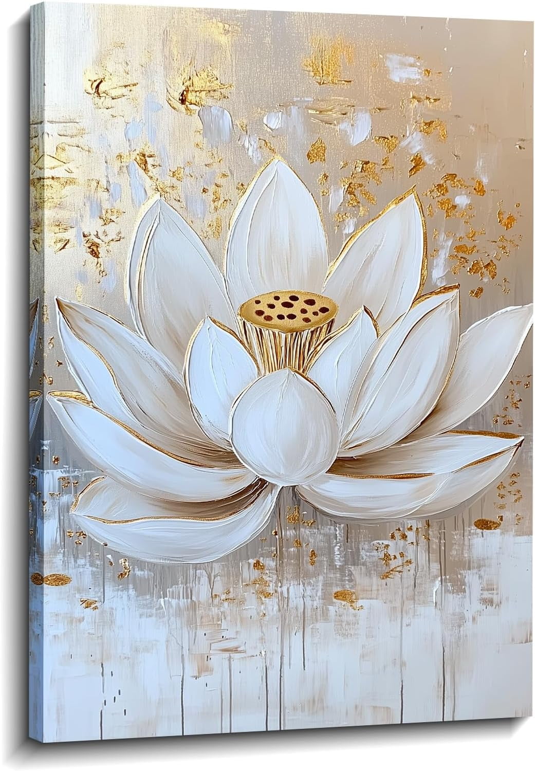 AEFER Lotus Canvas Wall Art Zen Wall Decor Unframed White and Gold ...
