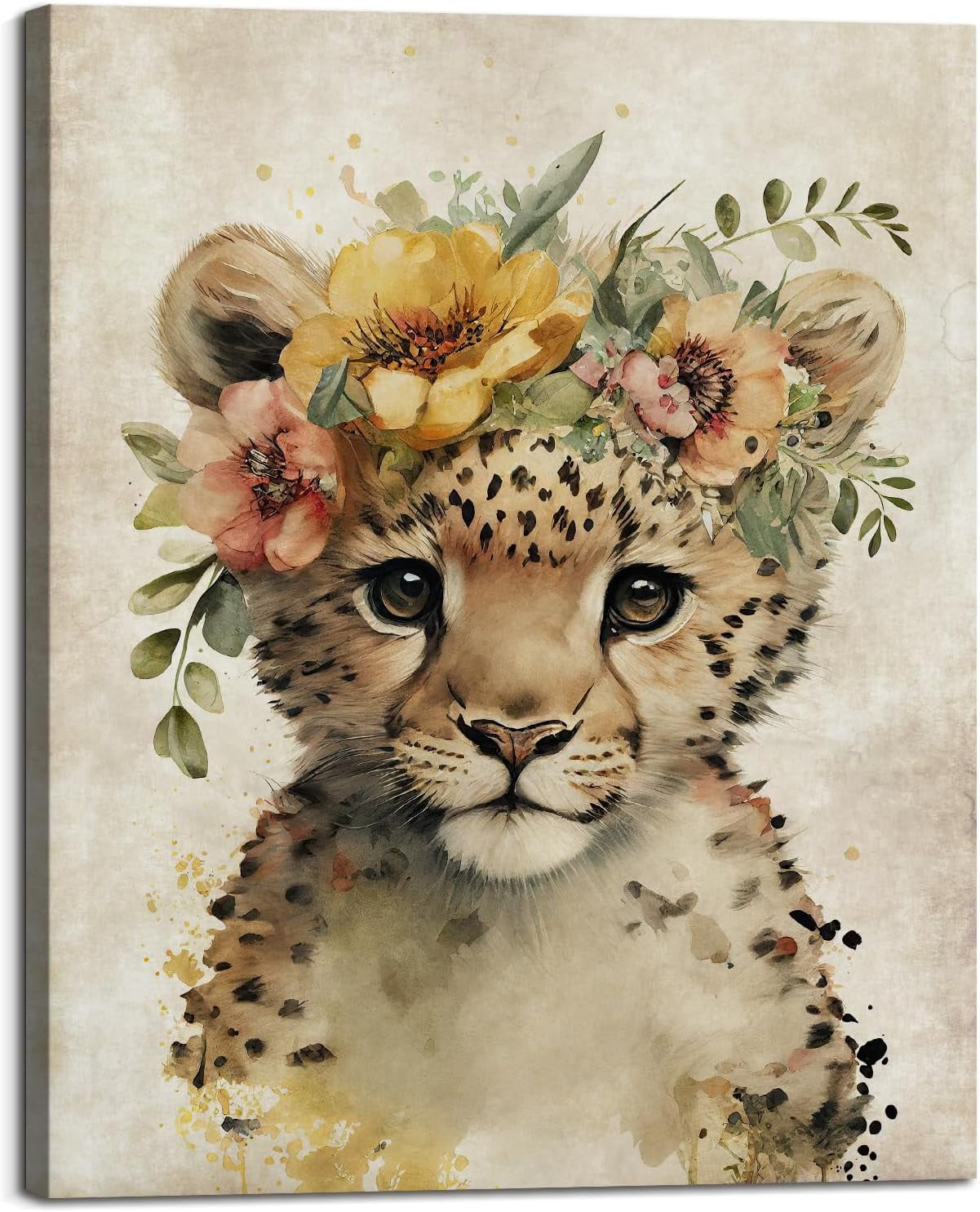 AEFER Lovely Baby Leopard with Garland Wall Art Print on Canvas Nursery Wall Decor Cute Animal ...