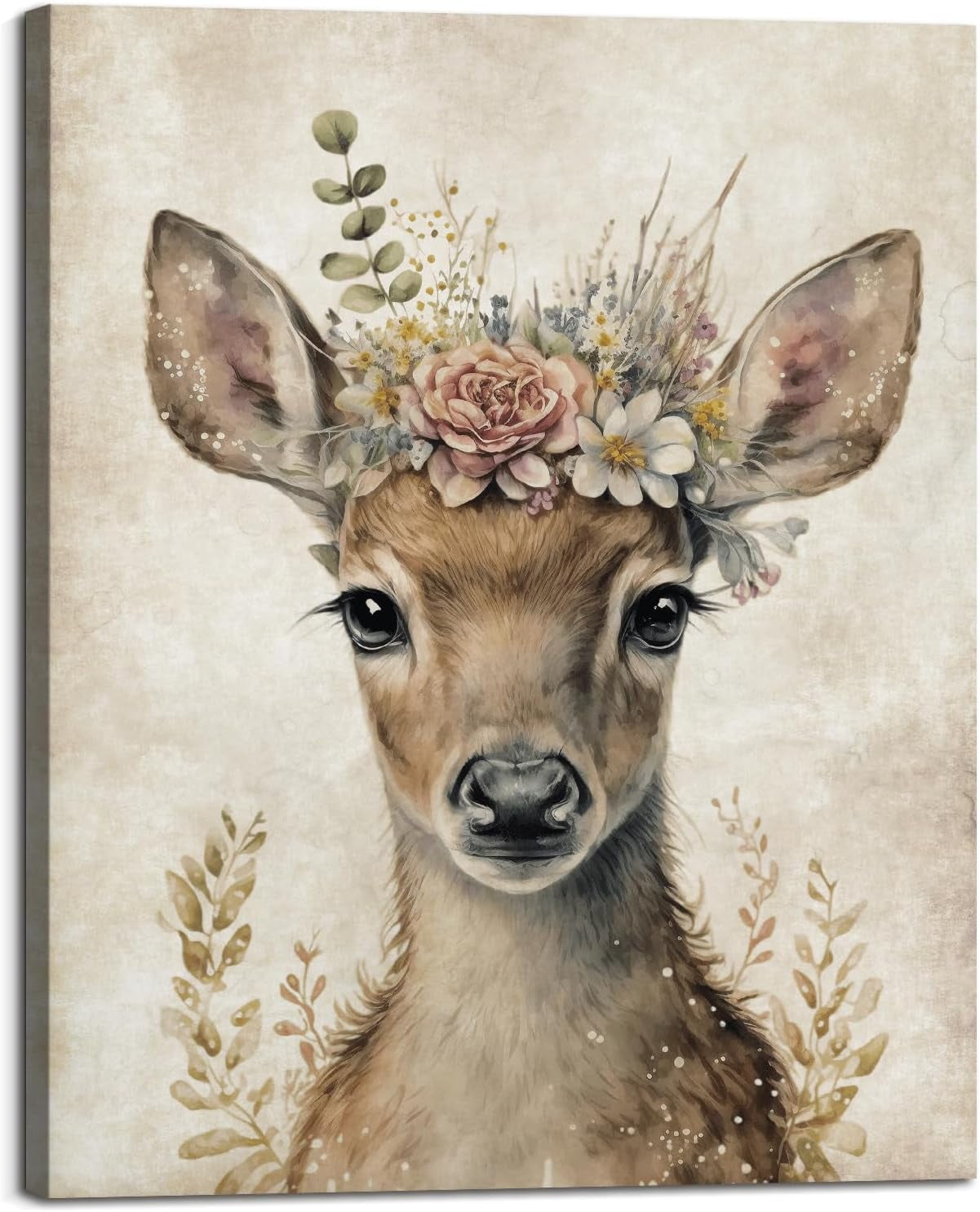 AEFER Lovely Deer Portrait Canvas Wall Art Cute Forest Animal Floral ...