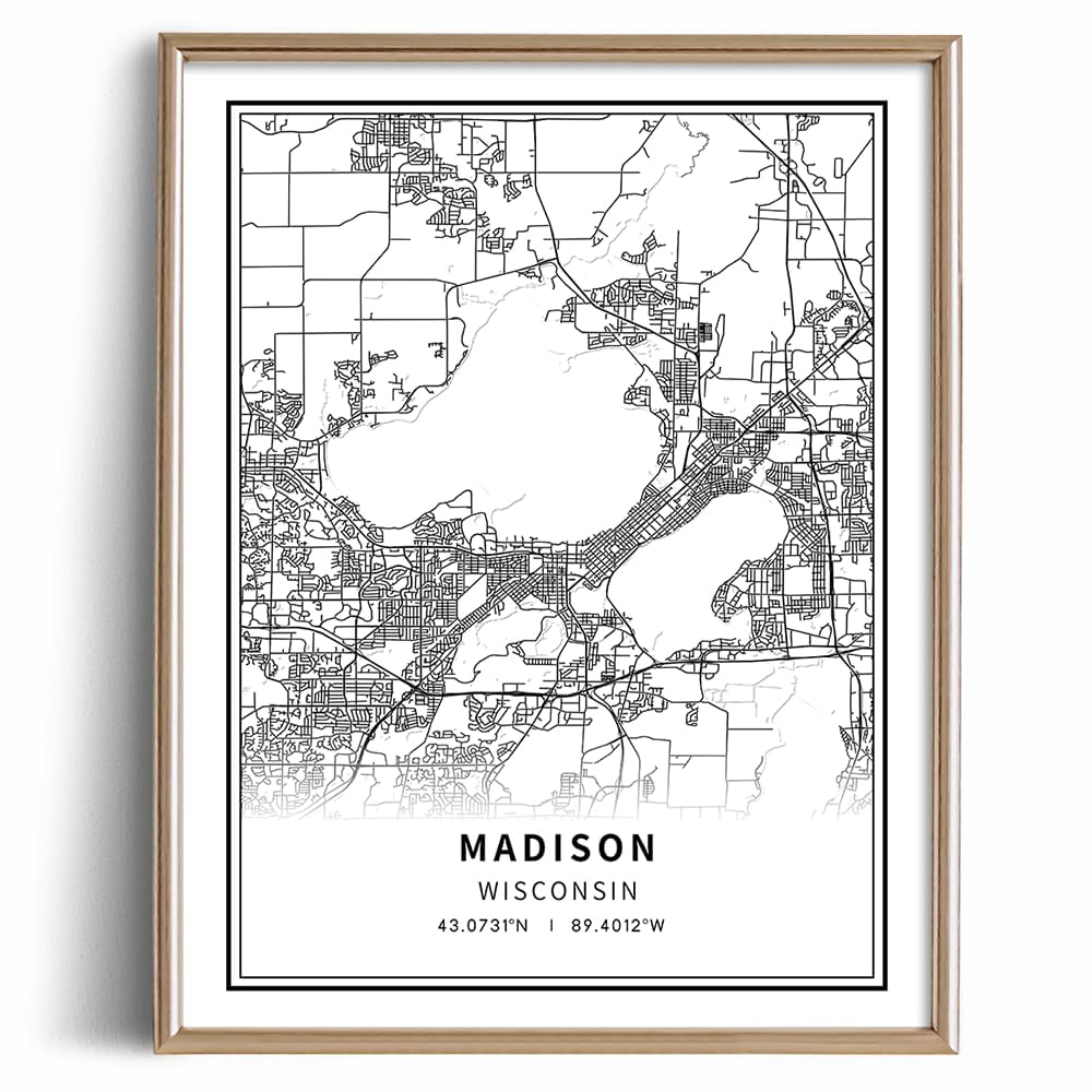 AEFER Madison Wisconsin Poster - Minimalist Black White Map of Wall Art ...