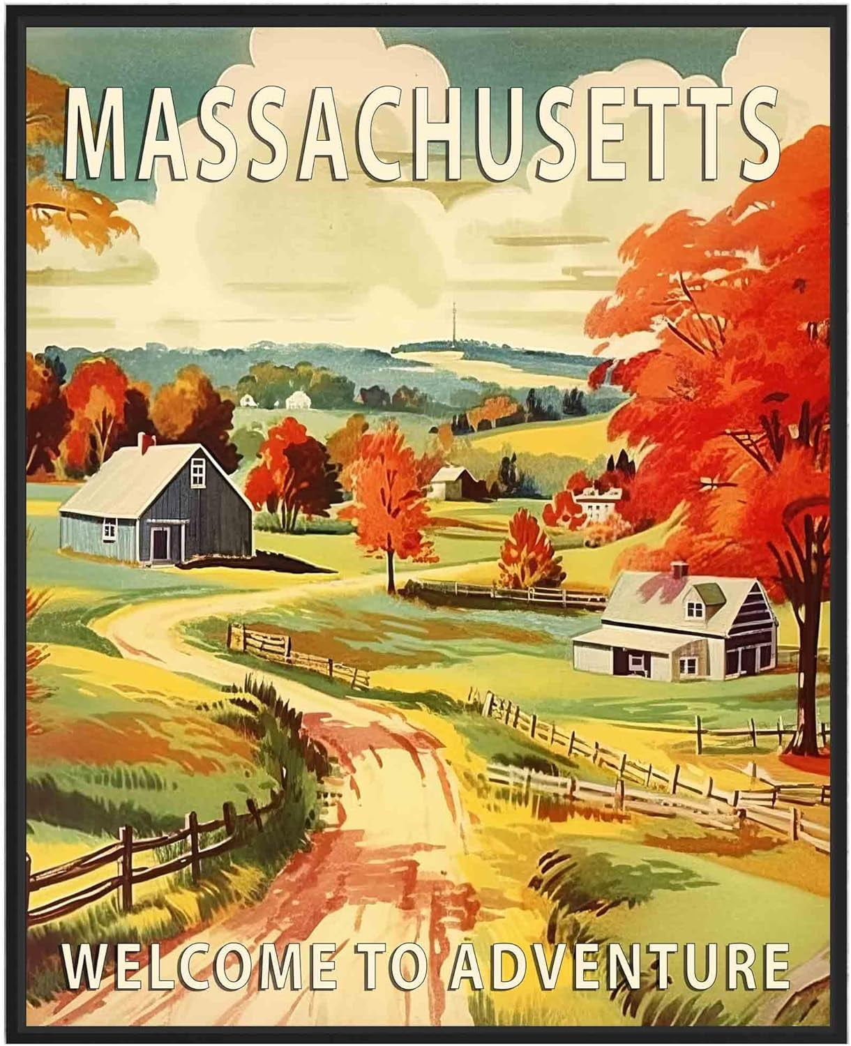 AEFER Massachusetts Poster Art Print, Retro States Landscape Wall art ...
