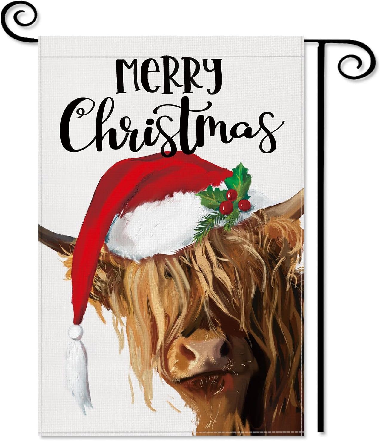 AEFER Merry Christmas Cow Garden Flag: Highland Cow with Santa Hat ...