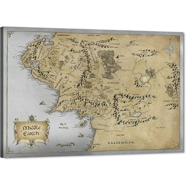 AEFER Middle Earth Map Canvas Wall Art Movie Map HD Print - Retro ...