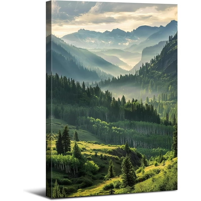 AEFER Misty Mountain Wall Art Sunrise Foggy Forest Wall Decor Nature ...