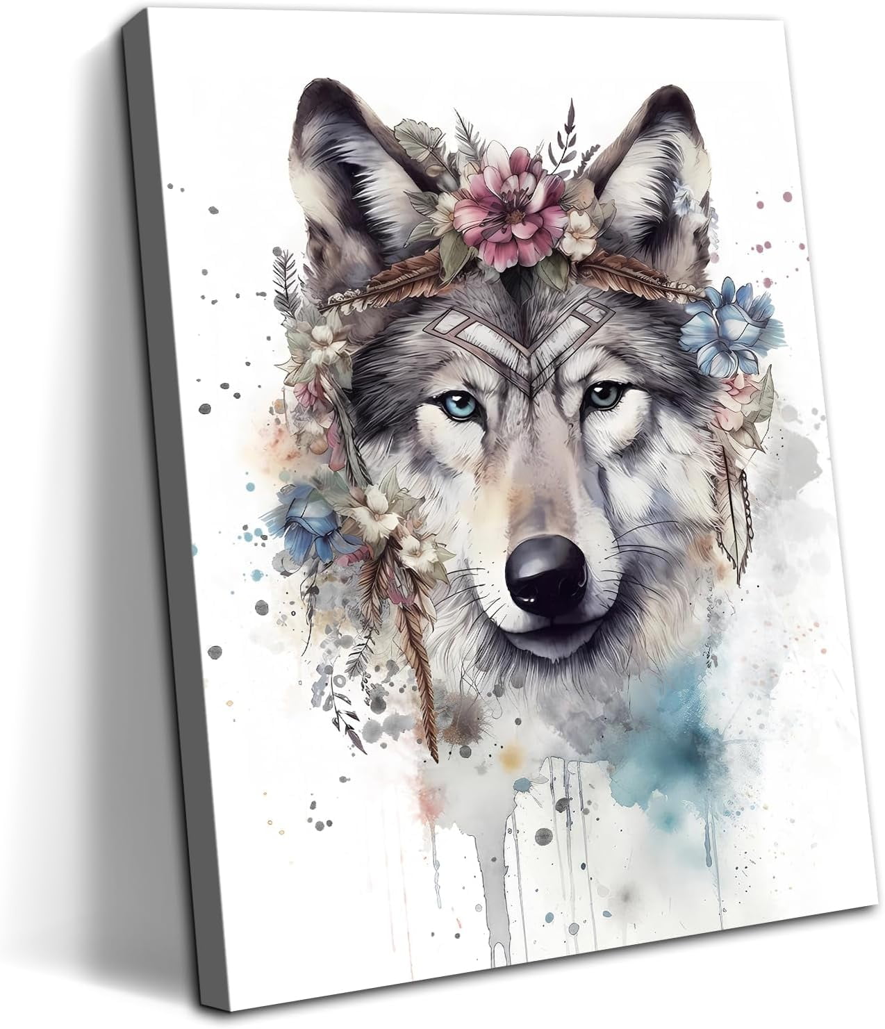 AEFER Modern Wolf Canvas Wall Art Forest Wolf with Totem Floral Crown ...