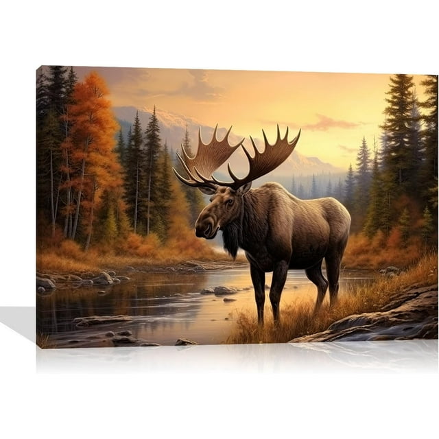 AEFER Moose Canvas Wall Art, Moose River Trees Painting Poster Jungle ...