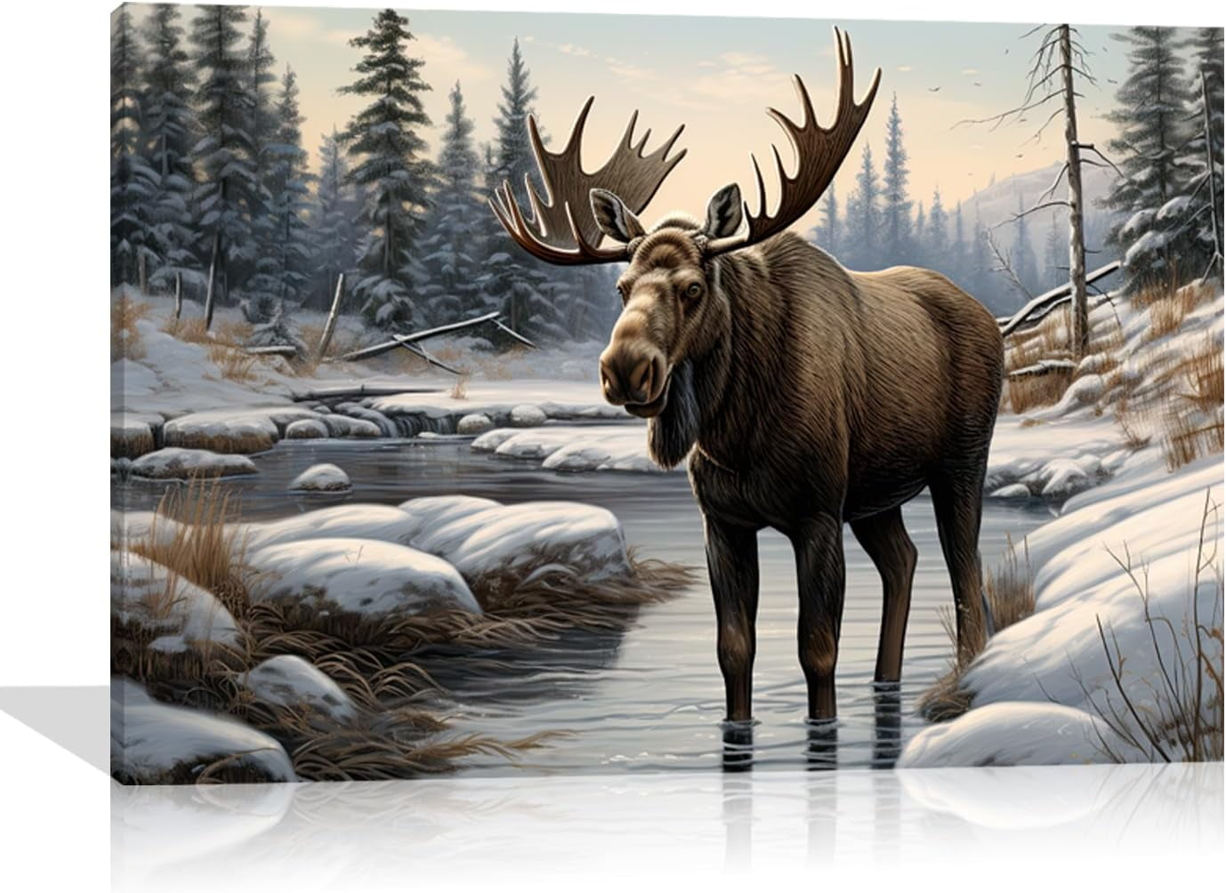 AEFER Moose Canvas Wall Art, Moose by the River Painting Print Rustic ...