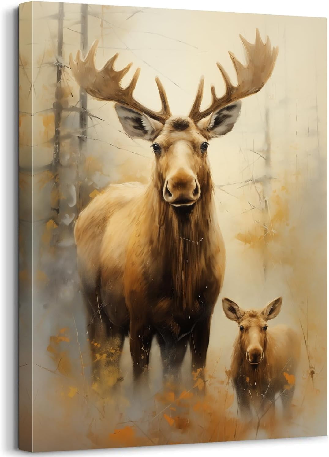 AEFER Moose Wall Art Mother Moose And Baby Canvas Print Picture Cabin ...