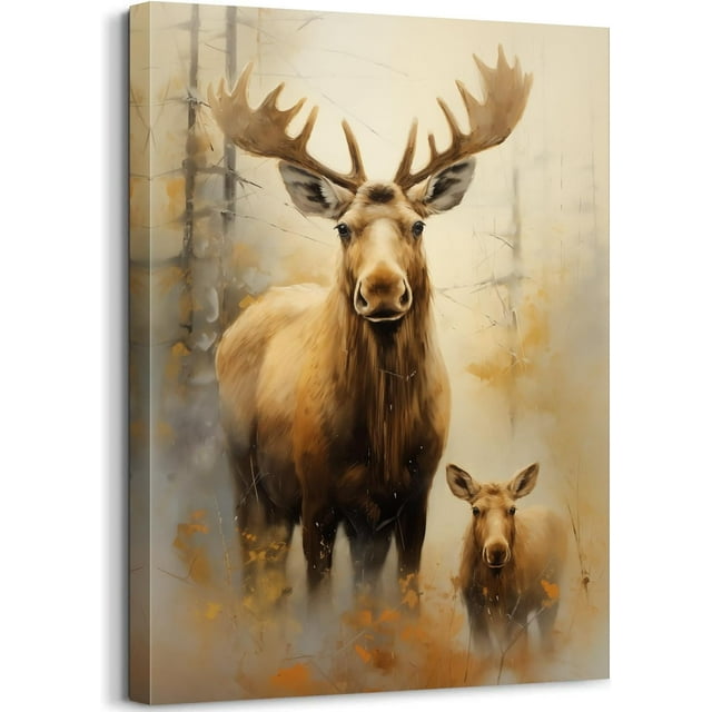 AEFER Moose Wall Art Mother Moose And Baby Canvas Print Picture Cabin Wall Art Rustic Farmhouse ...
