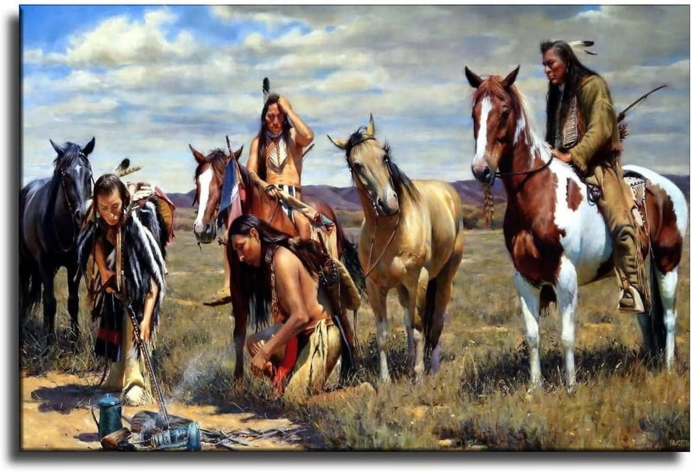 AEFER Native American Indian Brave Warriors in Camp Wall Art Canvas ...