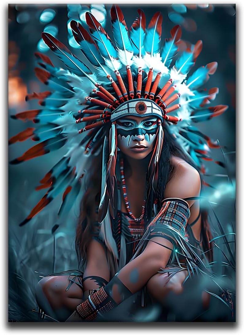 AEFER Native American Paintings, Indian Warrior Poster, Colorful Indian Girl Wall Art, Feather ...