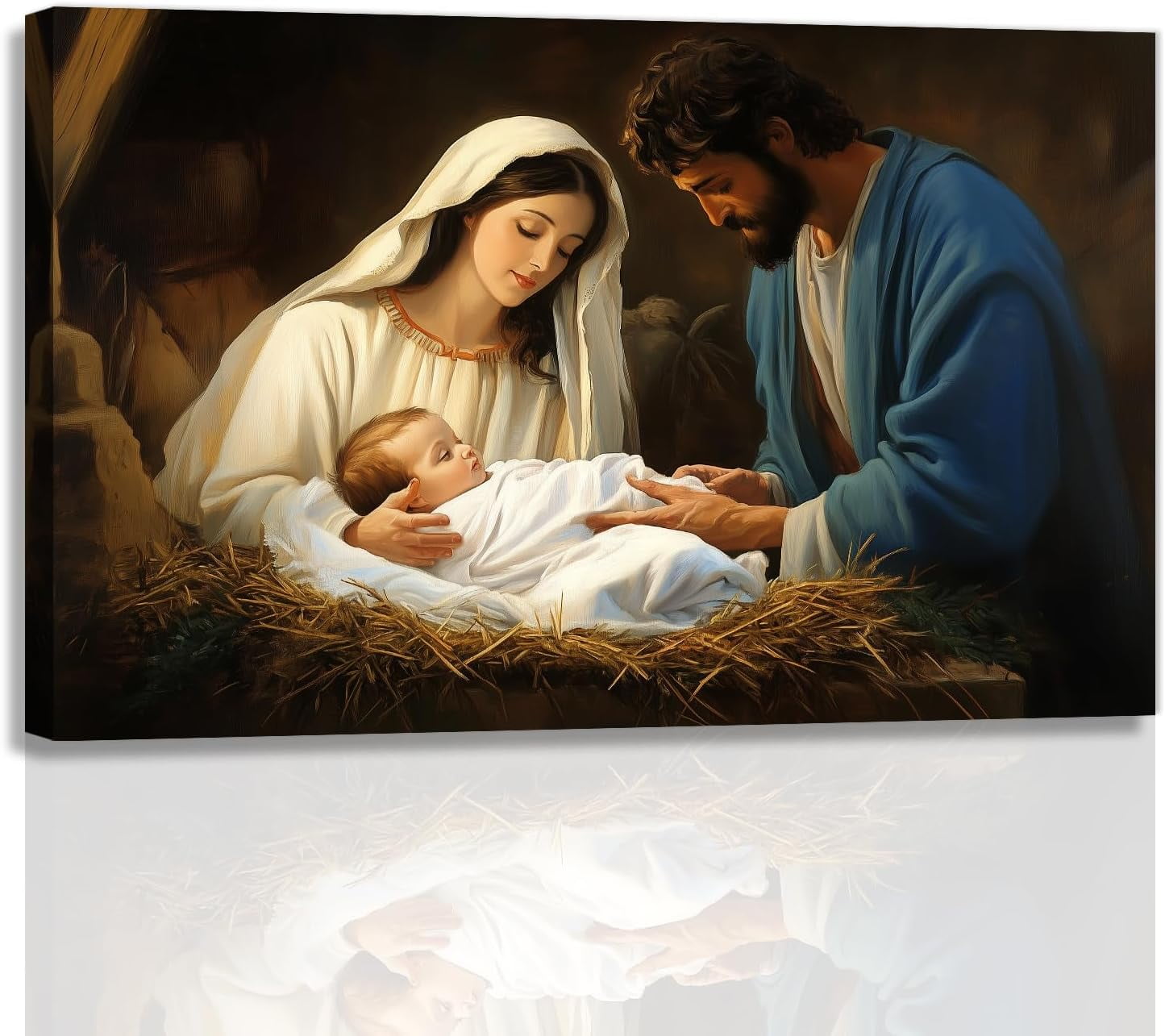 AEFER Nativity Canvas Wall Art Mary And Joseph Guarding The Baby Jesus ...