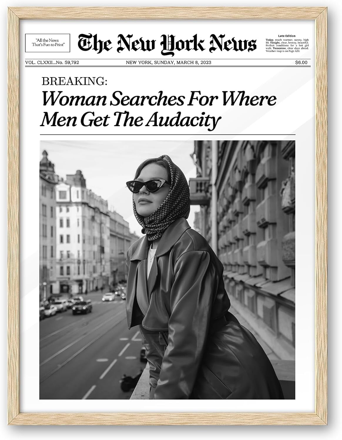 AEFER Natural OAK Wood Newspaper Trendy Framed Wall Art, Large 16x20 in ...