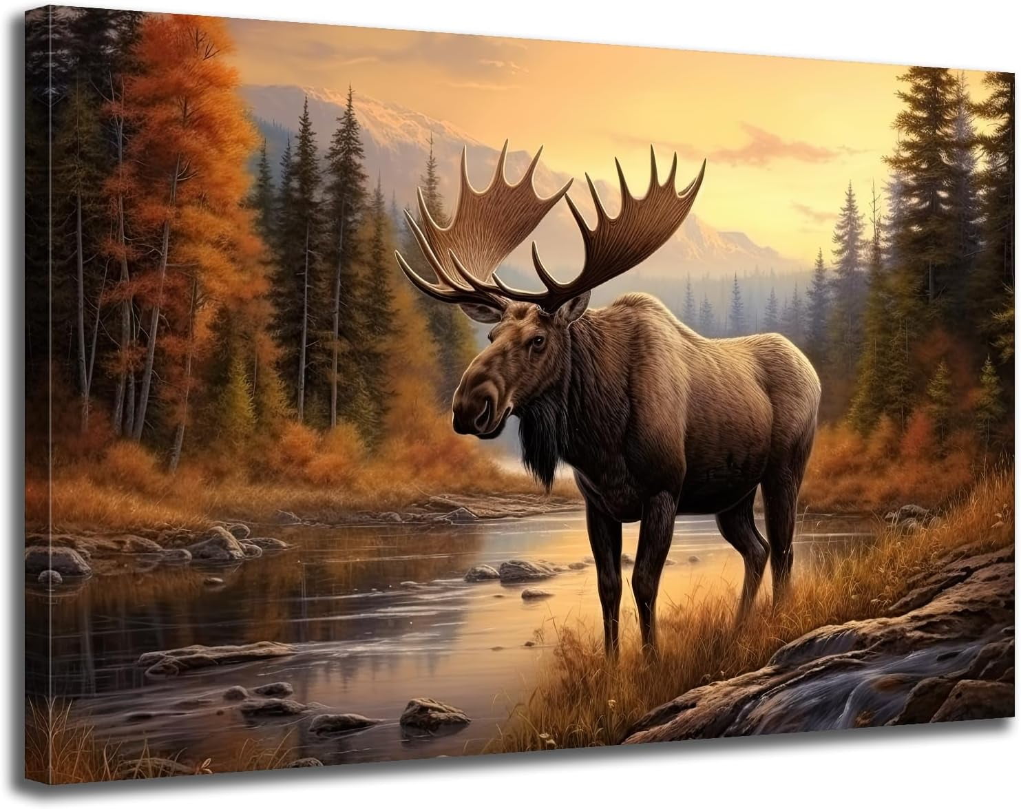 AEFER Nature Moose Wall Art Landscape Moose in the River Wall Decor ...